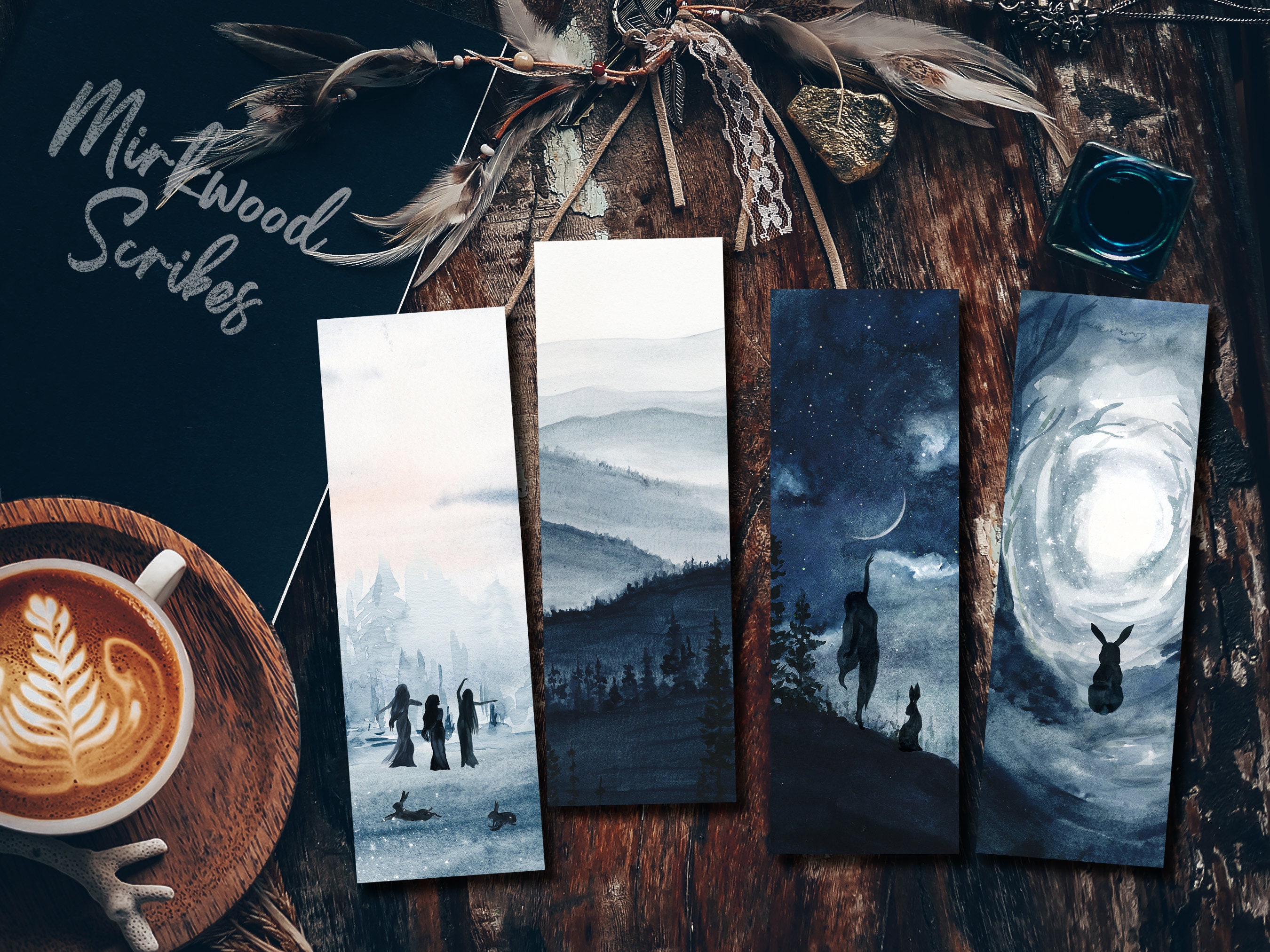 Forest Rabbit Watercolor Bookmark, Mystical Night Landscape, Whimsical ...