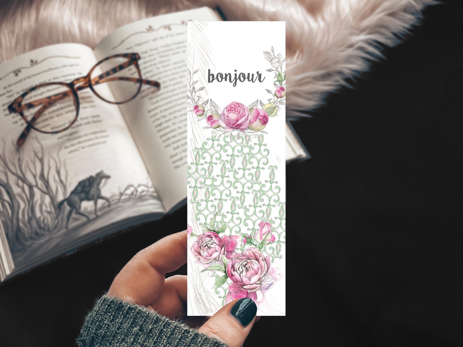Bonjour Floral Bookmark, French Themed Bookmark, Pink Roses Bonjour ...