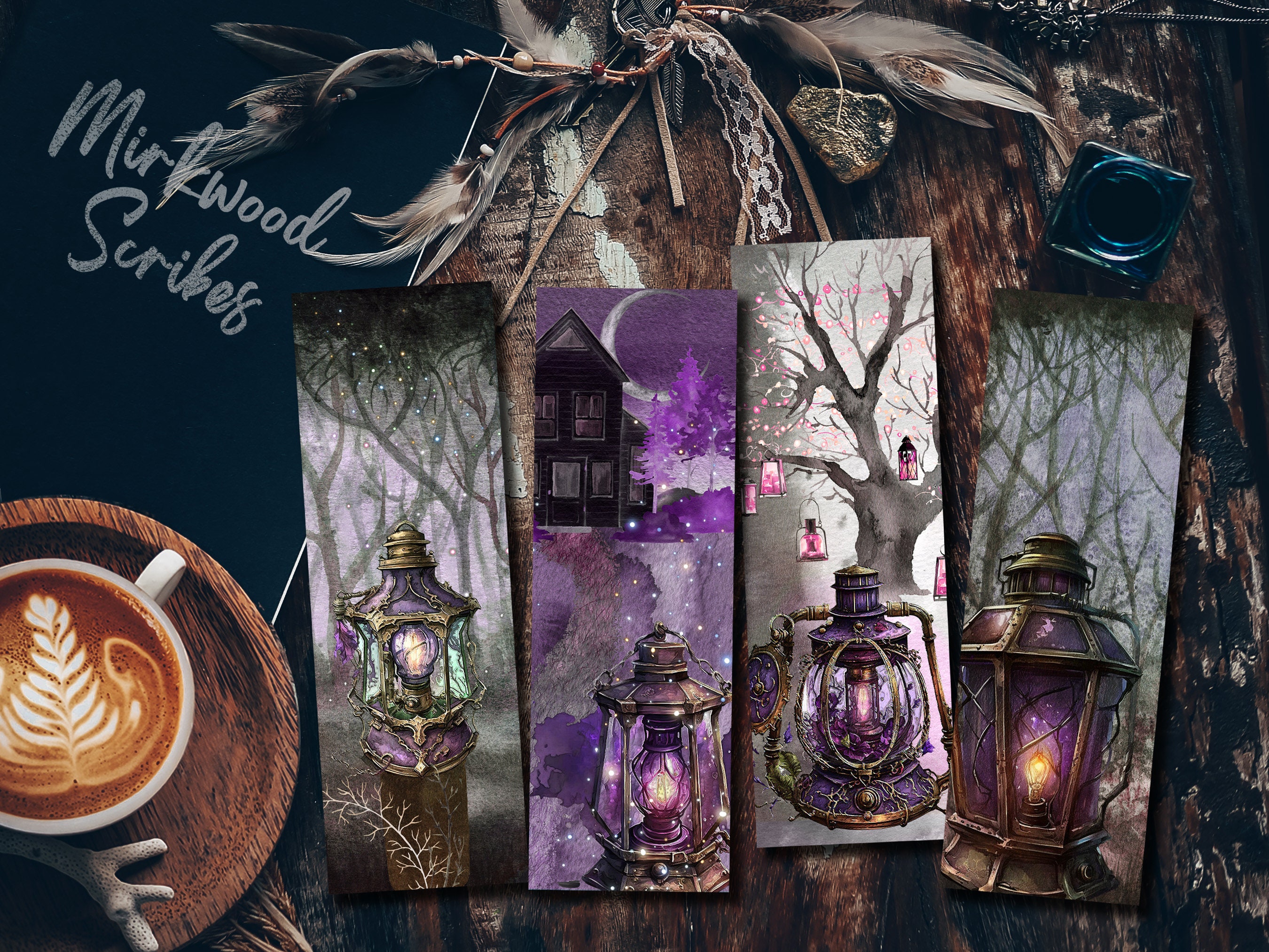 Spooky Lantern Watercolor Bookmark, Purple Haunted Halloween Fall ...