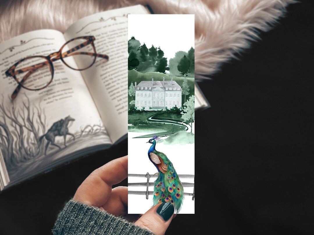 Fancy Peacock Bookmark, Watercolor Peacock Manor Landscape Bookmark ...