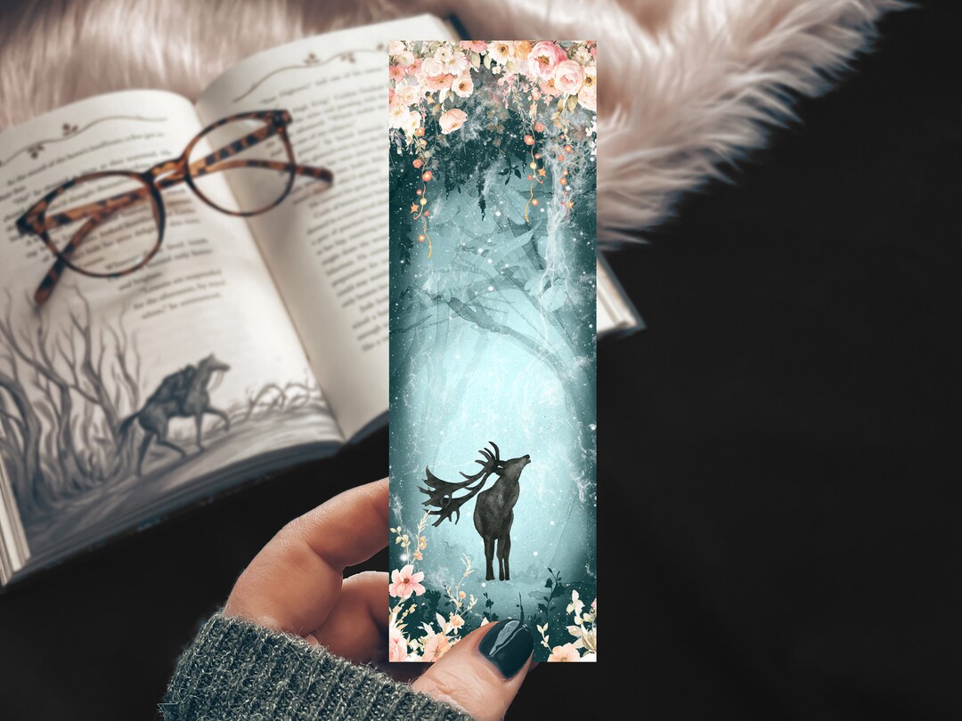 Enchanted Forest Watercolor Floral Bookmark, Magical Fantasy Deer in ...