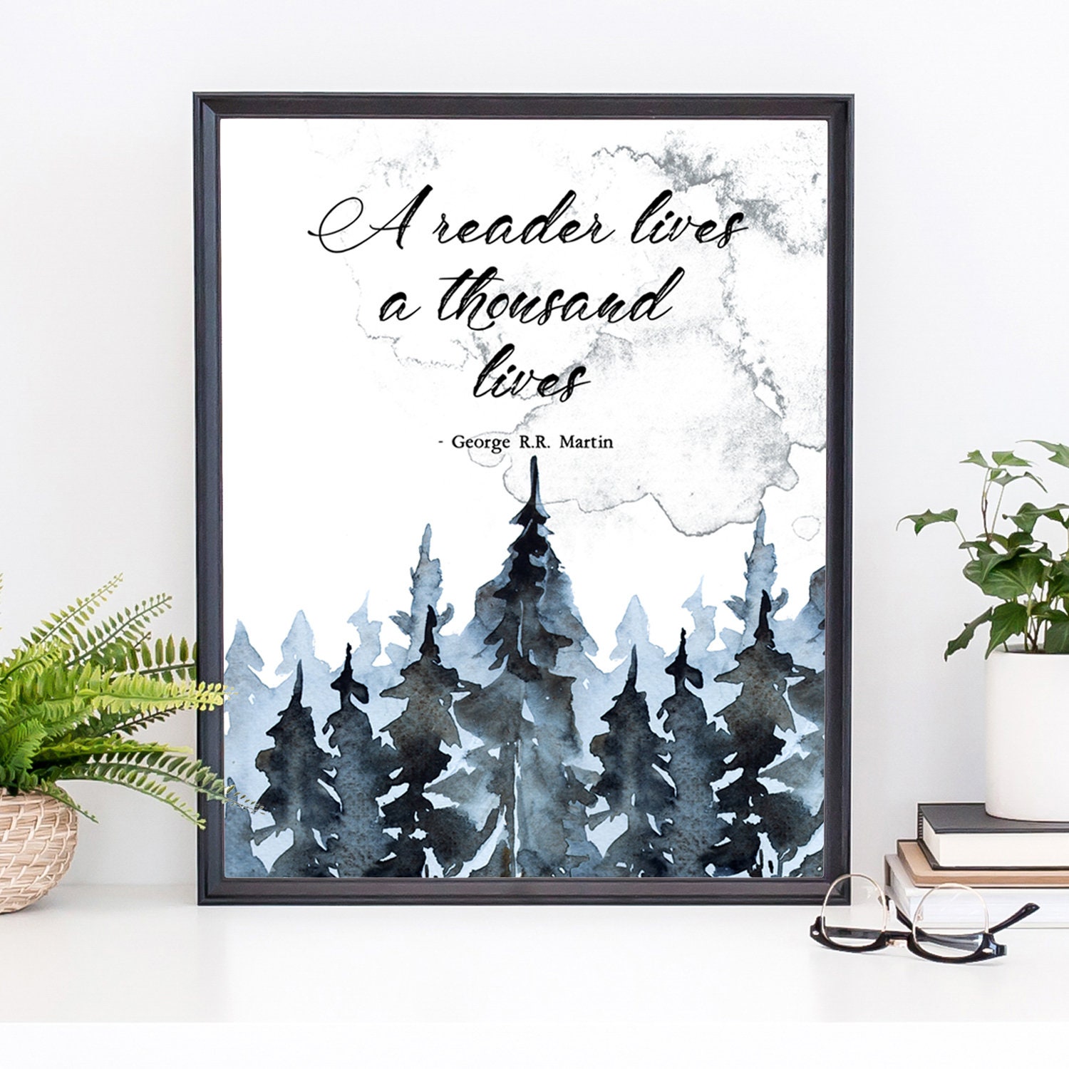Navy Blue Printable Literary Wall Art, A Reader Lives a Thousand Lives ...