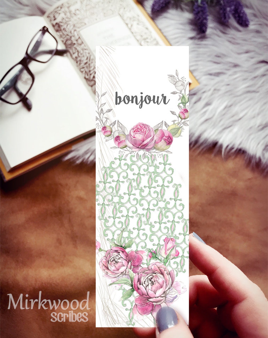 Bonjour Floral Bookmark French Themed Bookmark Pink Roses - Etsy