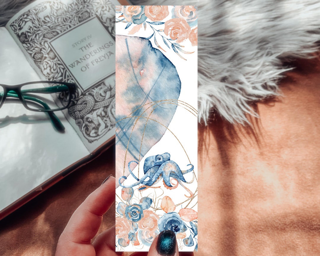 Octopus Floral Bookmark, Watercolor Sea Life Handmade Bookmark Set ...