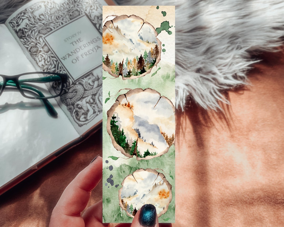 Forest Landscape Bookmark, Wood Slice Pine Trees Nature Bookmark, Green ...