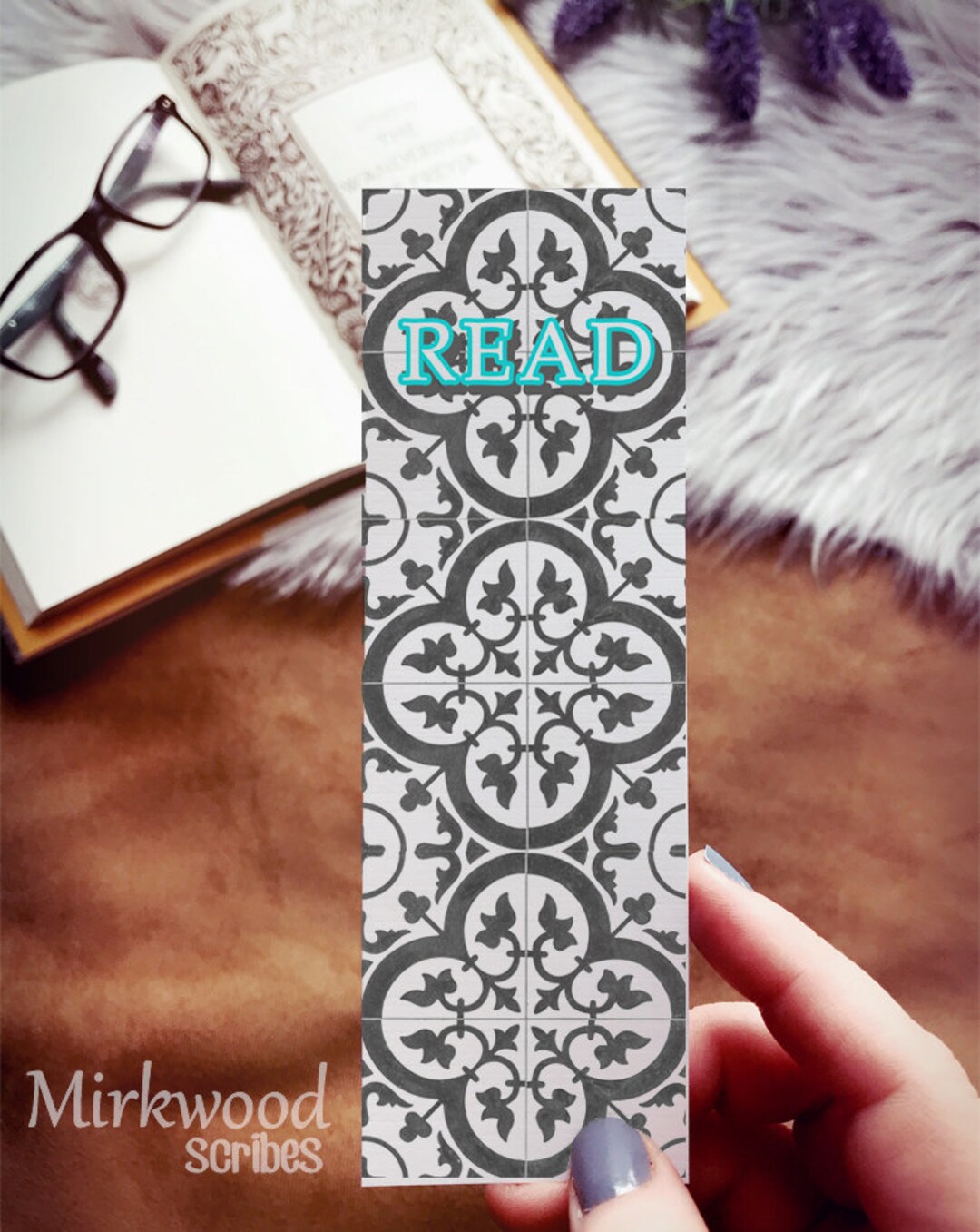 Geometric Teal and Gray Bookmark, Architectural Mosaic Bookmark ...