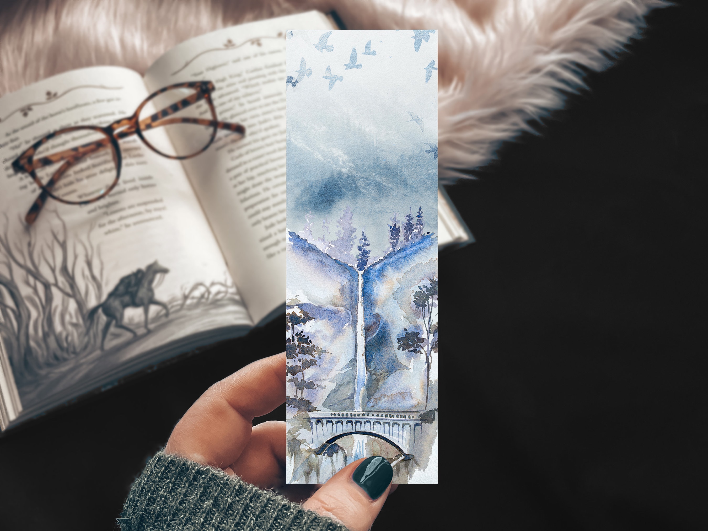 Elf Bridge Watercolor Bookmark, Blue Fantasy Reader Bookish Gift ...