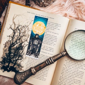 Haunted House Halloween Bookmark, Watercolor Spooky Full Moon Handmade ...