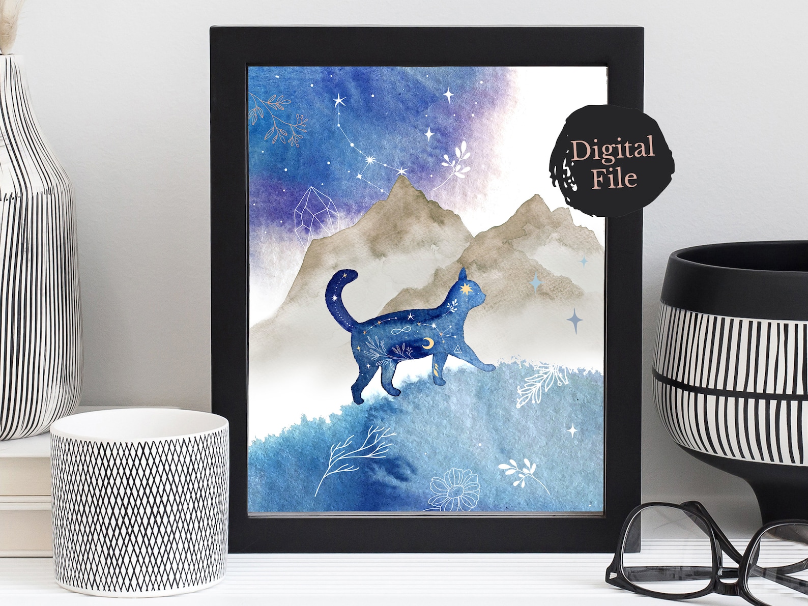 Watercolor Cat Print, Printable Cat Lover Wall Art, Cosmic Home Decor ...