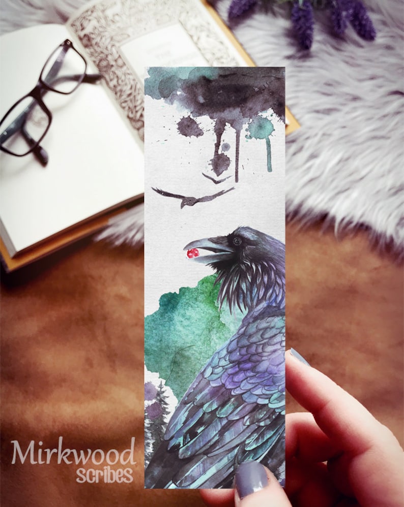 Raven Bookmark Watercolor Bird Handmade Linen Bookmark Full - Etsy