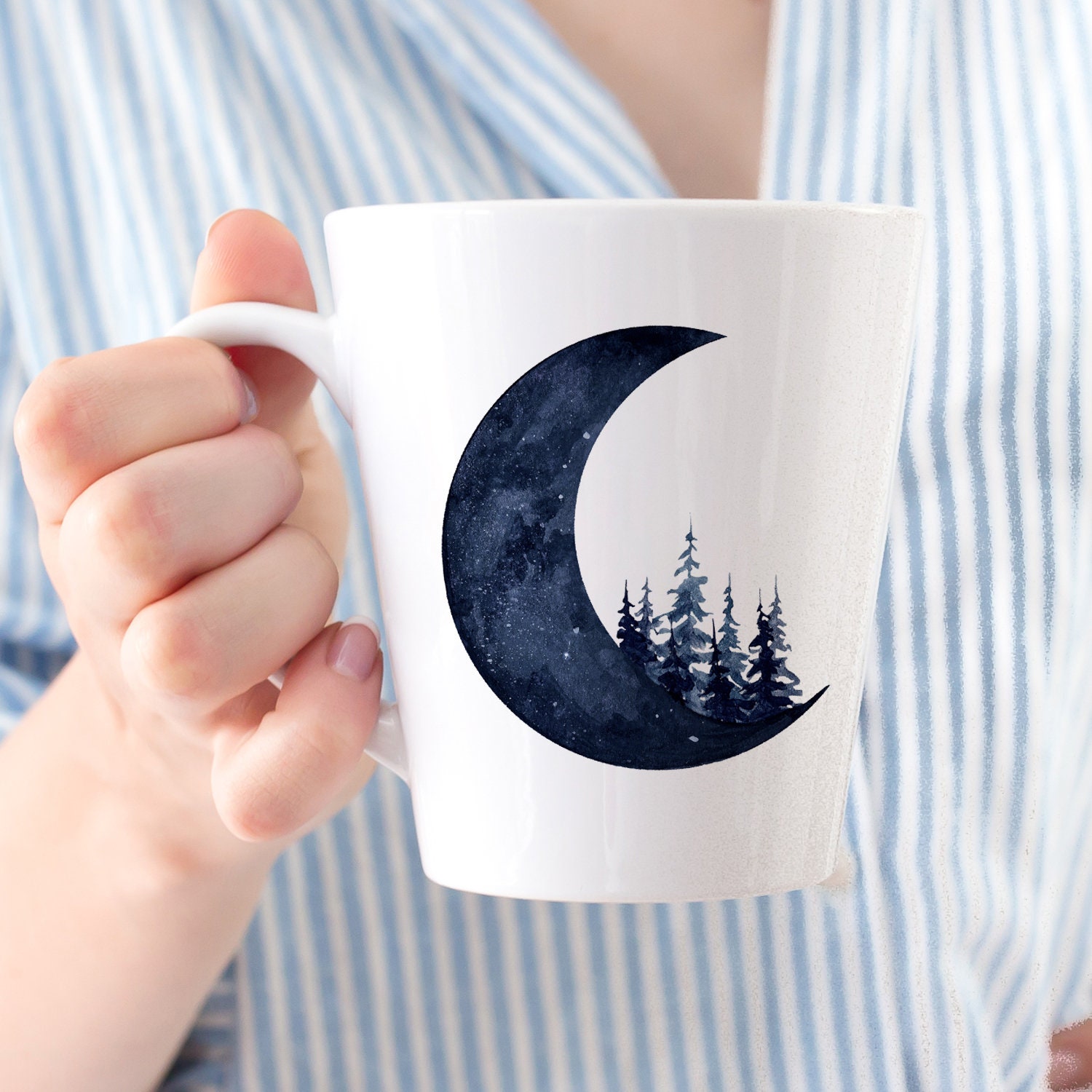 Moon & Stars Coffee Mug, Watercolor Celestial 12 Oz Latte Mug, Moon ...