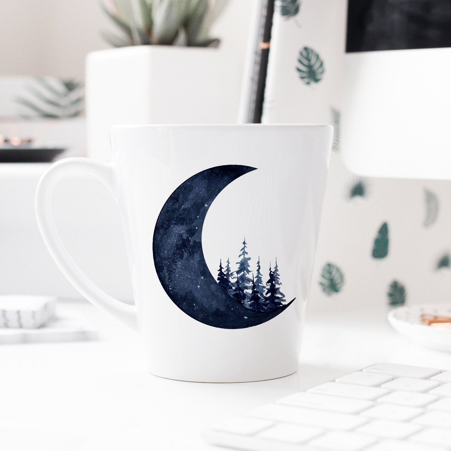 Moon & Stars Coffee Mug Watercolor Celestial 12 oz Latte Mug | Etsy