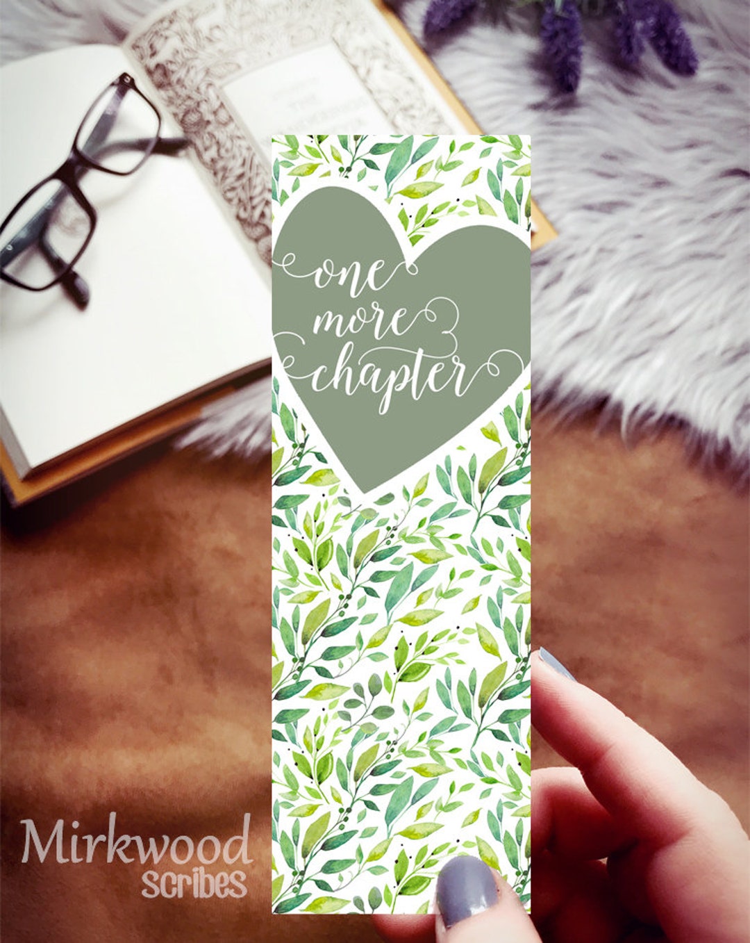 One More Chapter Bookmark, Heart and Green Plants, Botanical Bookmark ...