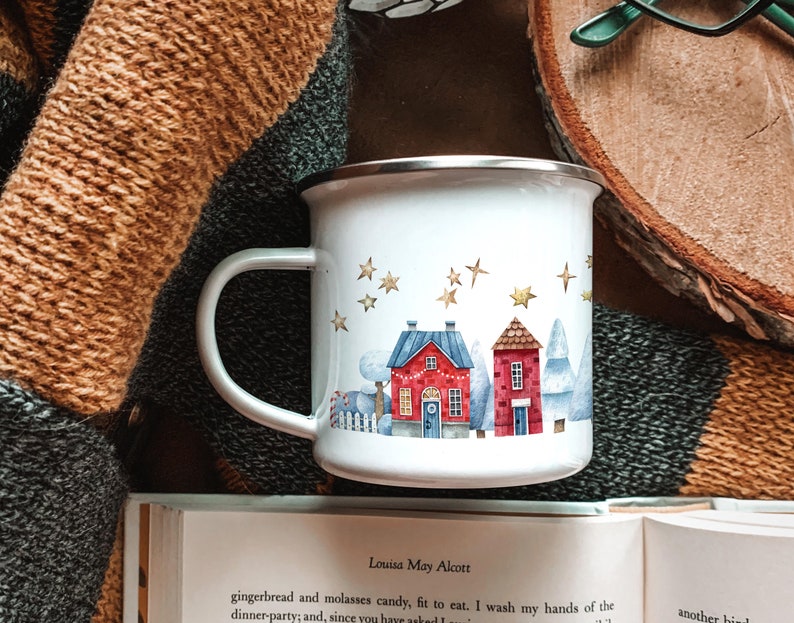 Christmas Metal Mug Holiday Town Watercolor Camp Mug Festive - Etsy