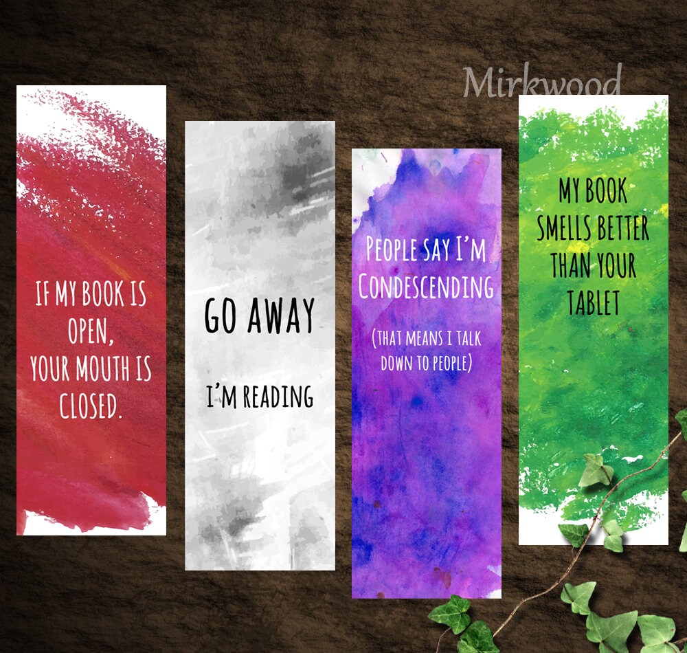 Sarcastic Watercolor Bookmark Set, 4 Printable Snarky Bookmarks, Go ...