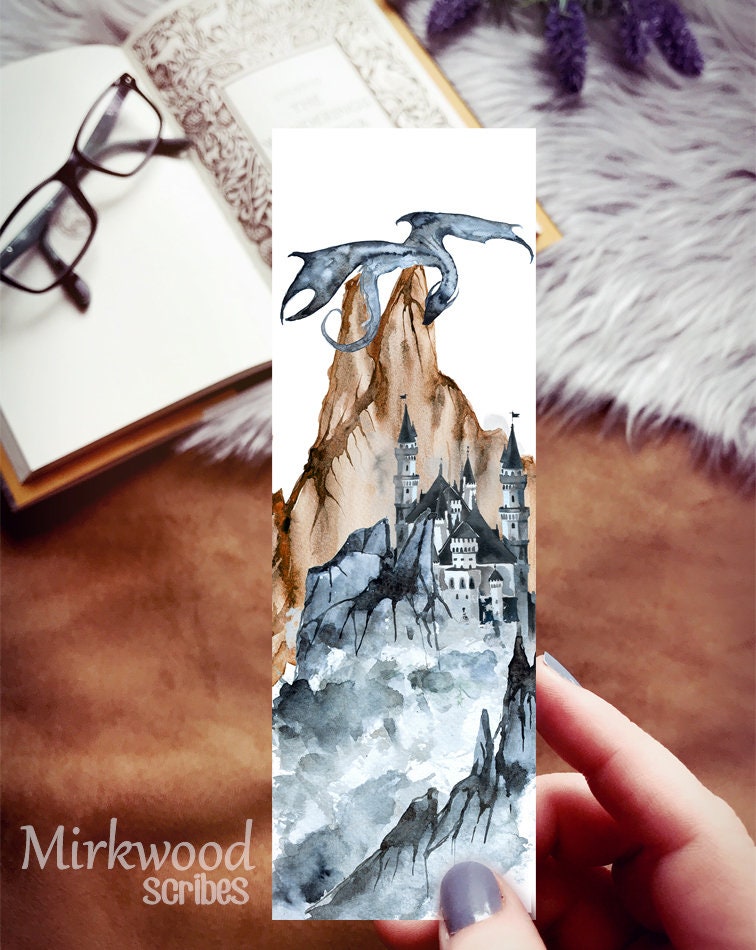 Fantasy Castle Dragon Bookmark Inky Dragon Watercolor | Etsy