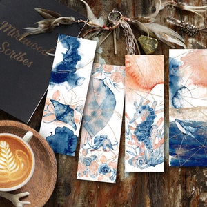 Ocean Life Watercolor Bookmarks, Printable Whale Bookmark, Blue and ...