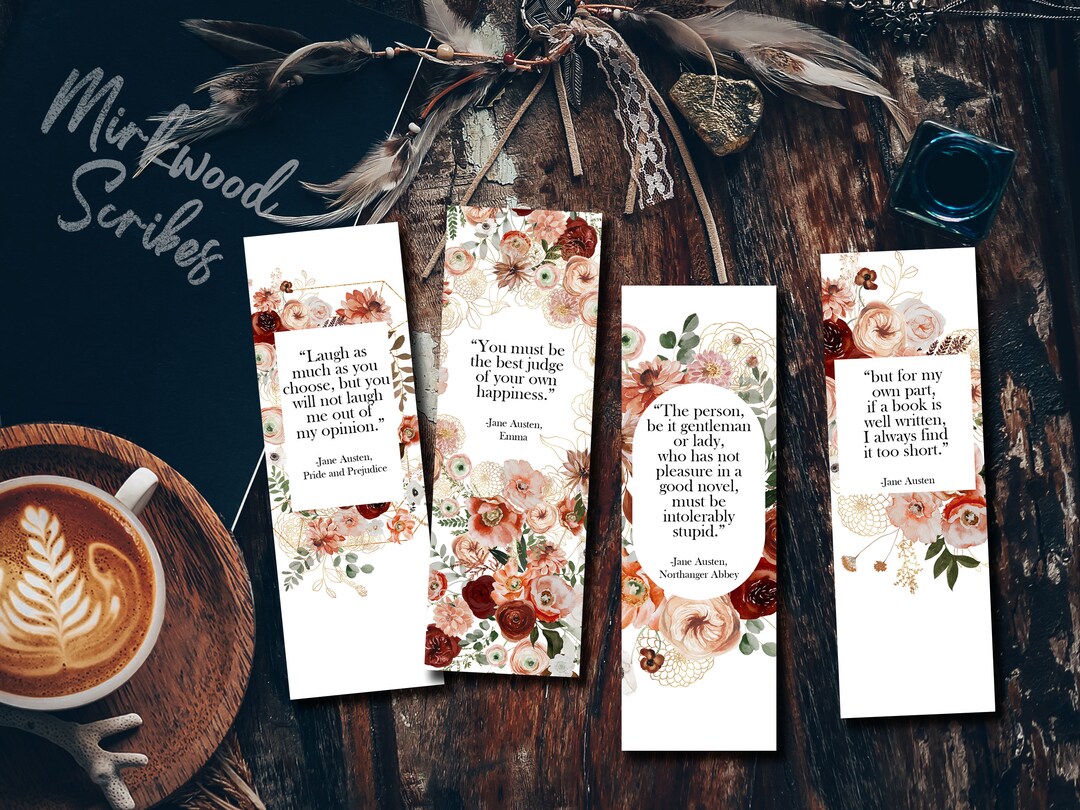 Jane Austen Quote Printable Bookmarks, Set of Red Floral Literary ...