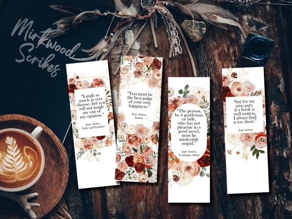 Jane Austen Quote Printable Bookmarks Set of Red Floral - Etsy