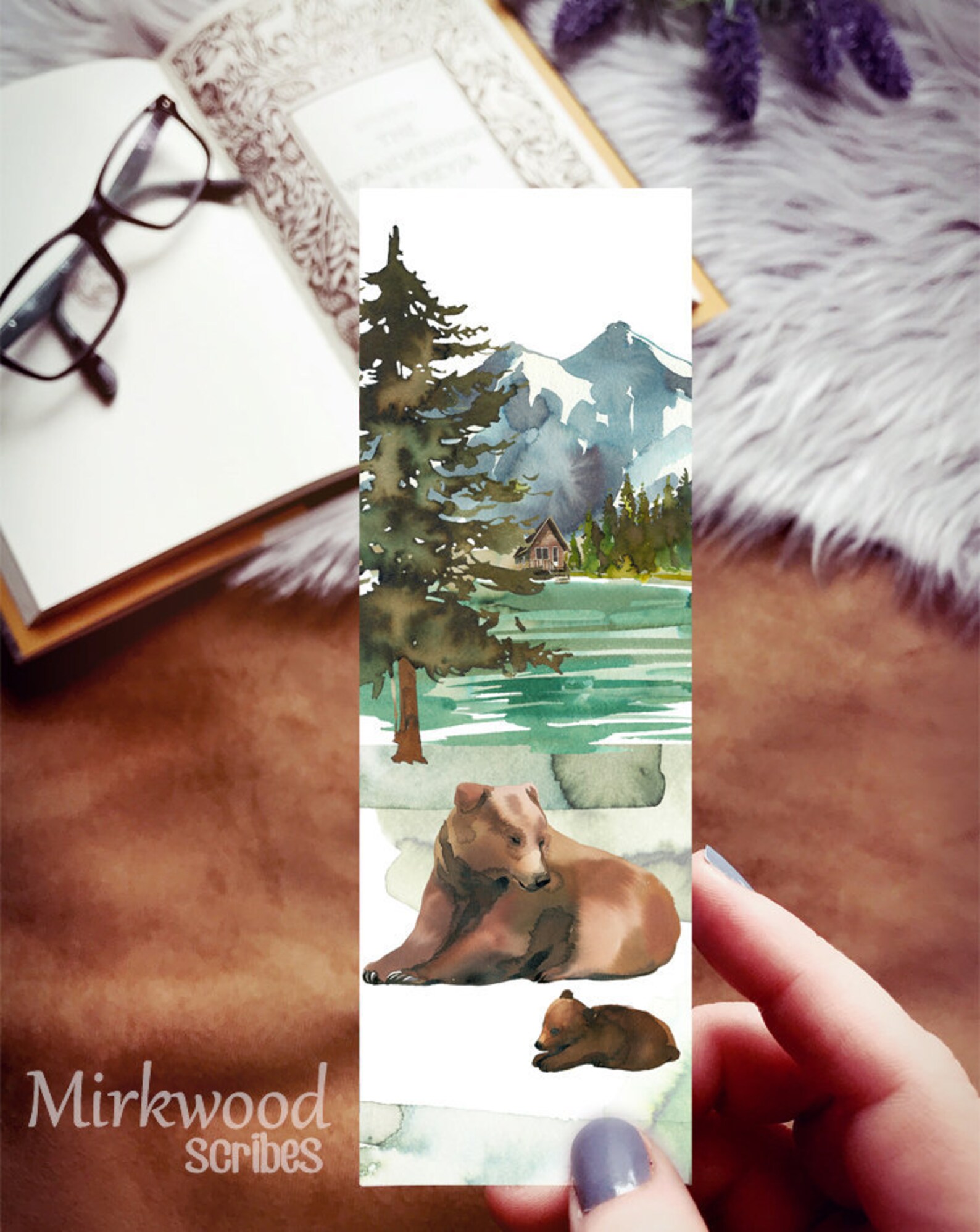 Bears Watercolor Bookmark, Green Mountain Landscape Book Lover Gift for ...