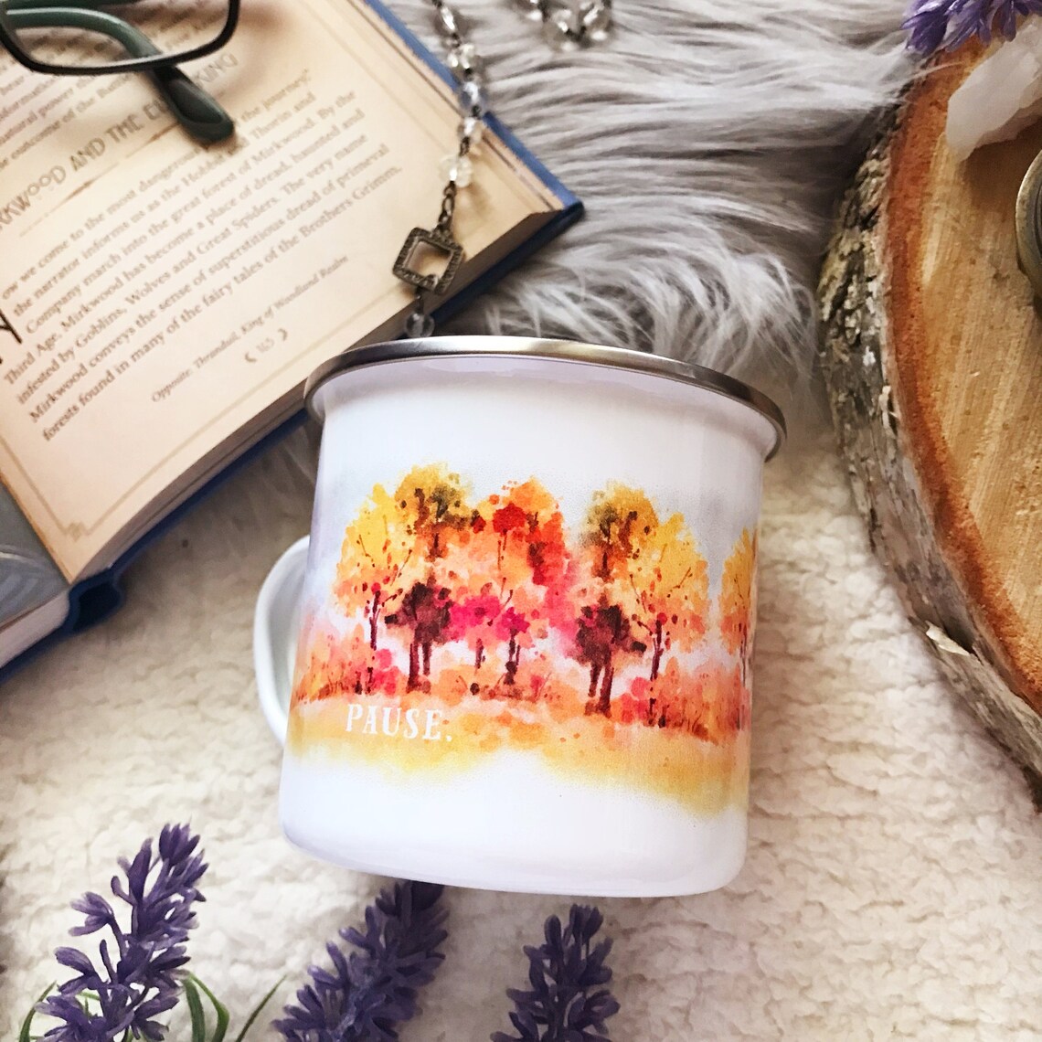 Pause Fall Watercolor Mug Colorful Maple Tree Camp Mug Metal | Etsy