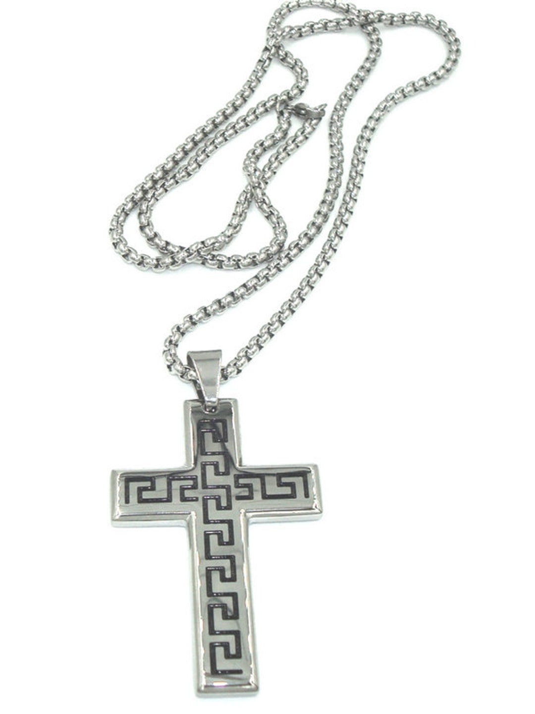 Men's Stainless Steel Greek Key Cross Necklace - 27 Inch Chain - Etsy