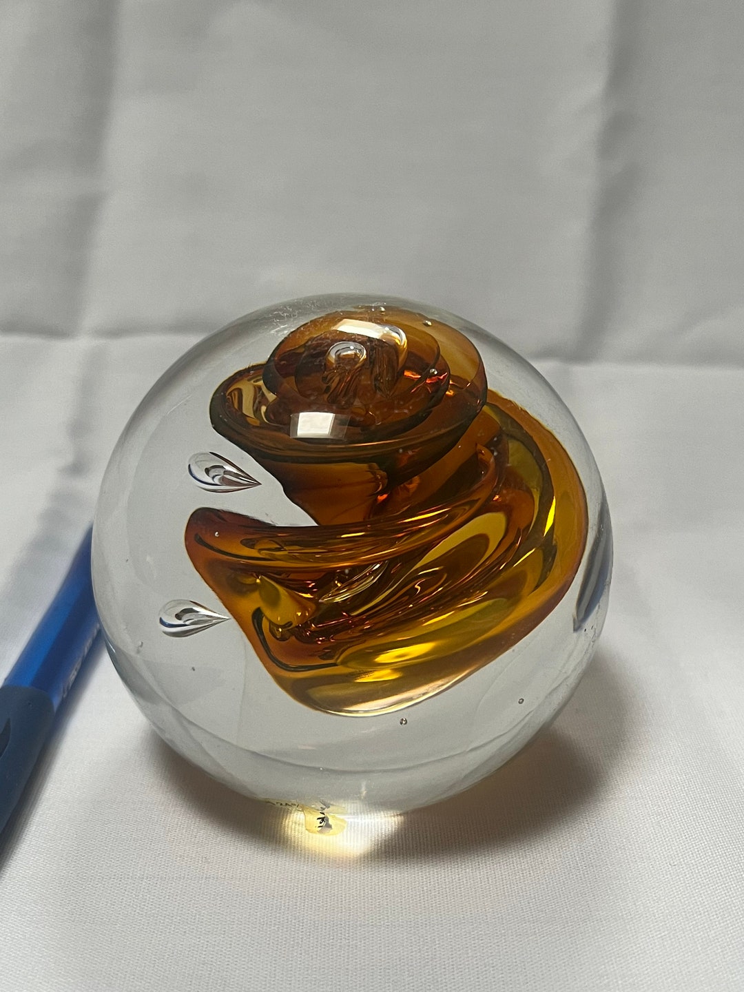 Vintage Art Glass Paperweight, Clear With Amber Swirl, A.K. Tablonski ...