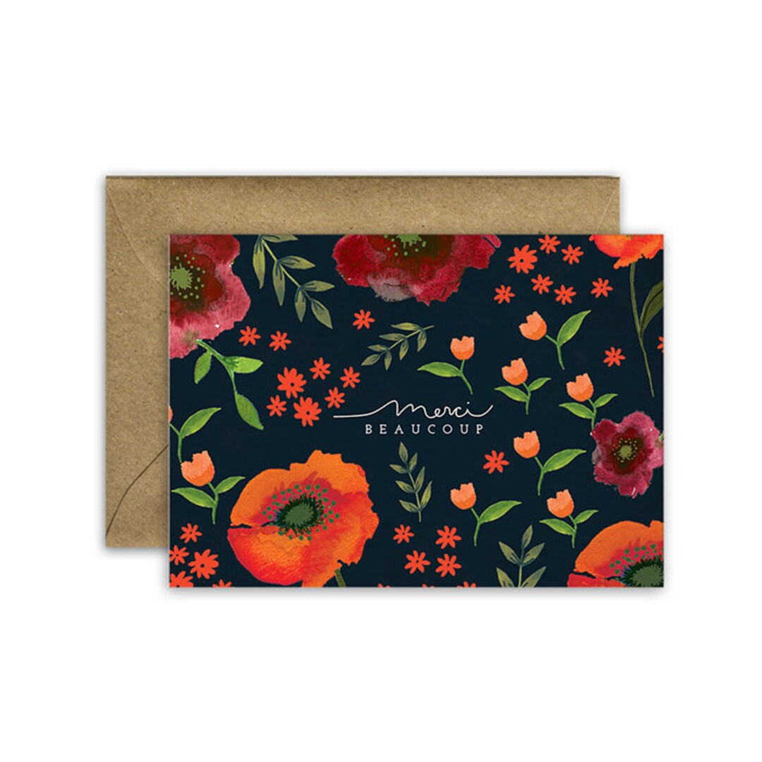 Thank You Card Poppies merci Beaucoup NAVY small - Etsy