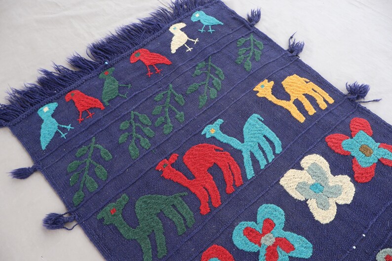2x8 Ft Pictorial Handmade Uzbek Suzani Kilim, Navy Blue Suzani Hand ...