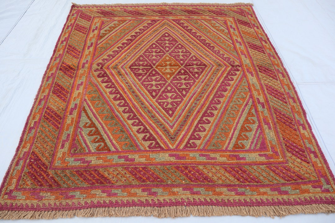 4x4 Vintage Square Rug, Afghan Handmade Wool Square Area Rug, Mashwani ...