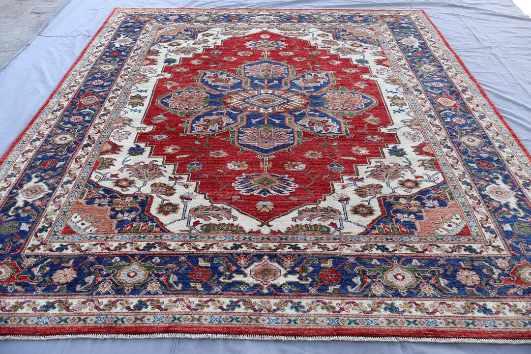 9x10 Ft Large Afghan Fine Turkish Heriz Rug Navy Blue Red Turkmen Hand ...