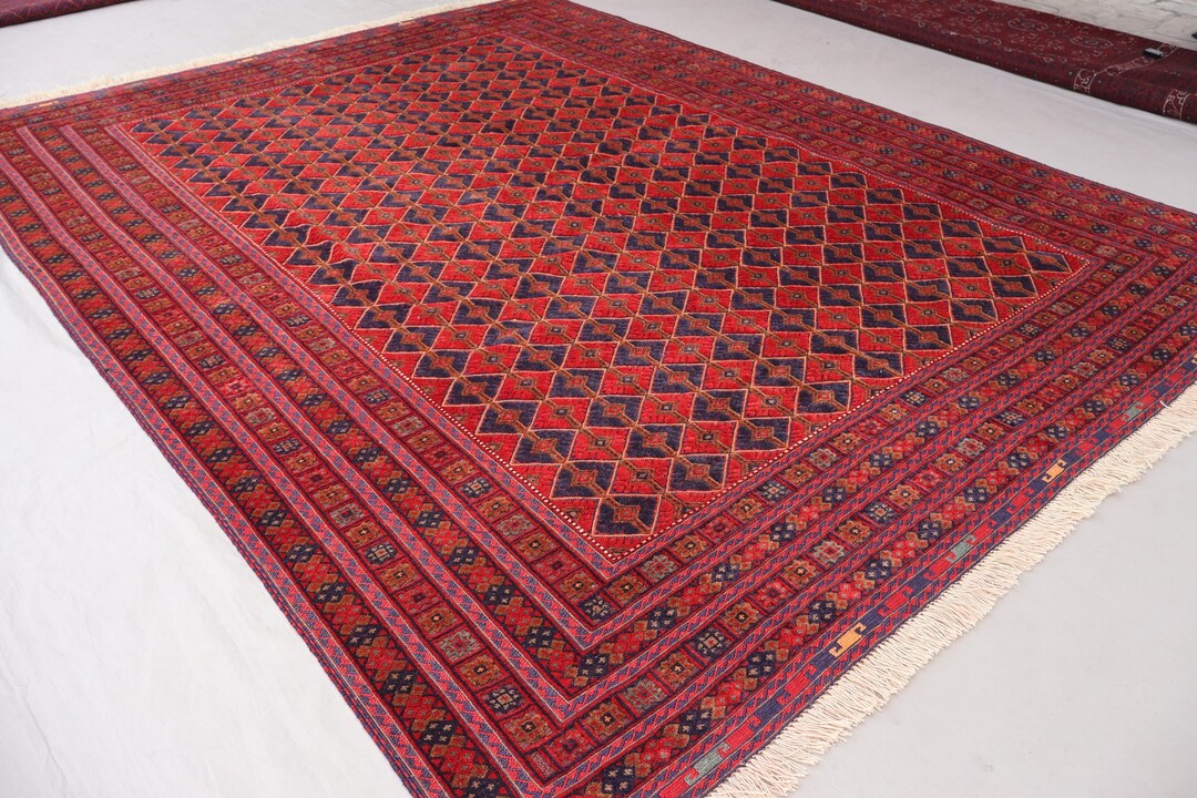 7x9 Afghan Antique Geometric Pattern Rug, Red Mashwani Turkman Handmade ...