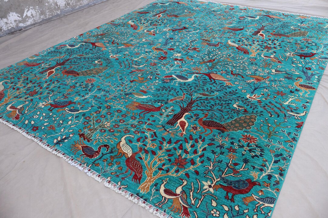 Turquoise Pictorial Rug 9x12 Natural Dyes Afghan Hand Knotted Wool Rug ...