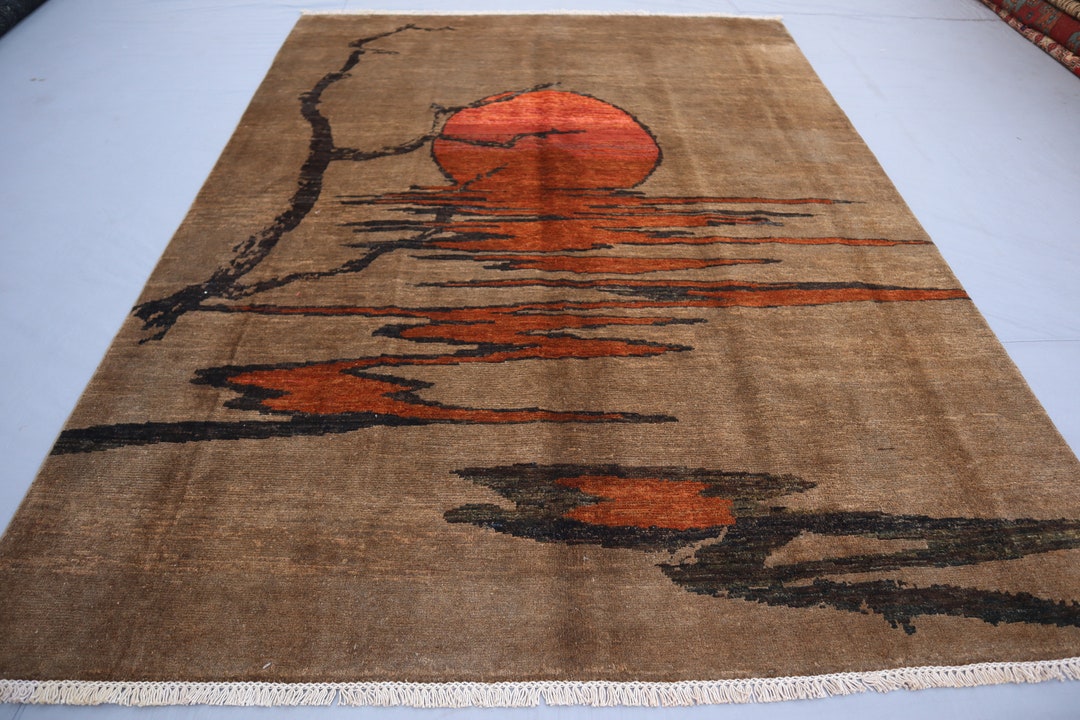 6x8 Ft Modern Gabbeh Rug, Brown Natural Dyes Afghan Hand Knotted Wool ...