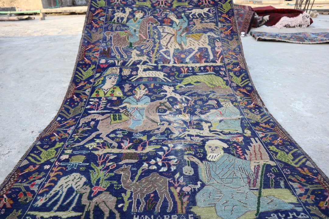 1940s Antique Pictorial Rug, 4x6 Ft Afghan Handmade Wool Rug, Low Pile ...