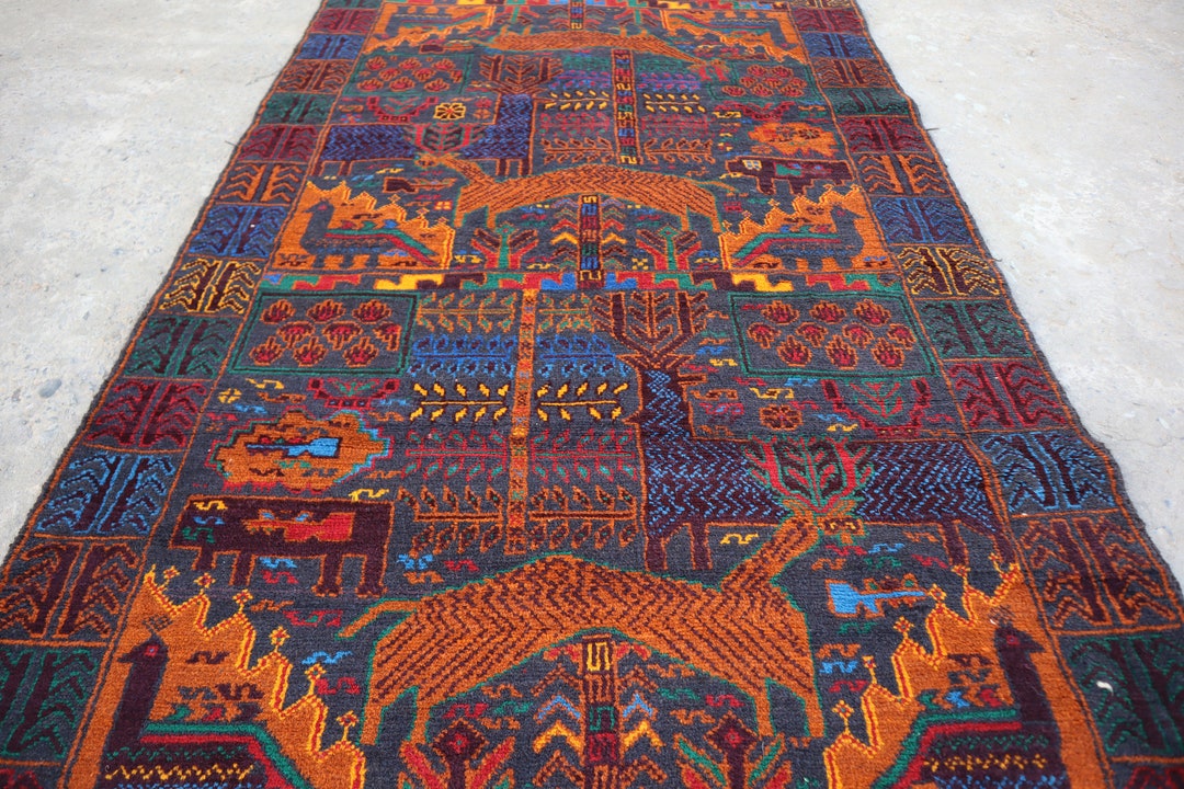 Vintage Pictorial Rug, 3'8x6'5 Ft Afghan Handmade Wool Rug, Hunting ...