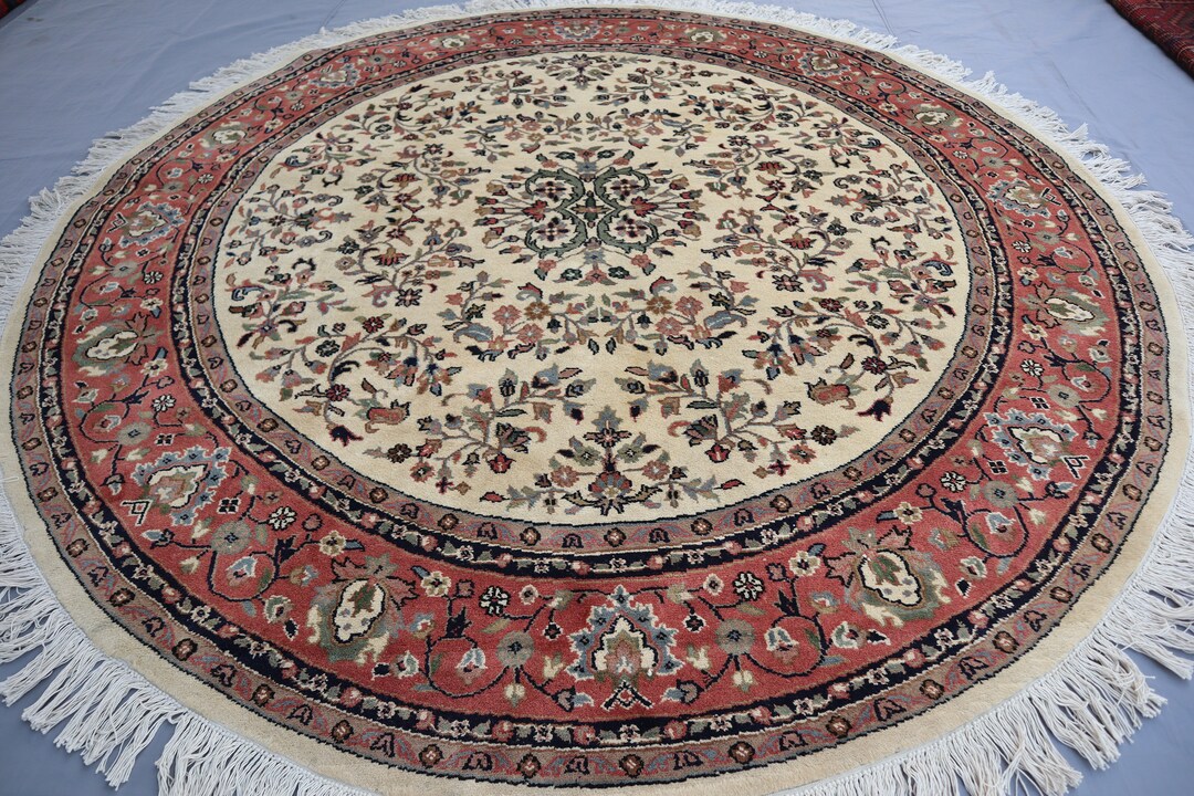 6'5x6'8 Ft Beige Vintage Round Rug, Bidjar Turkish Hand Knotted Natural ...