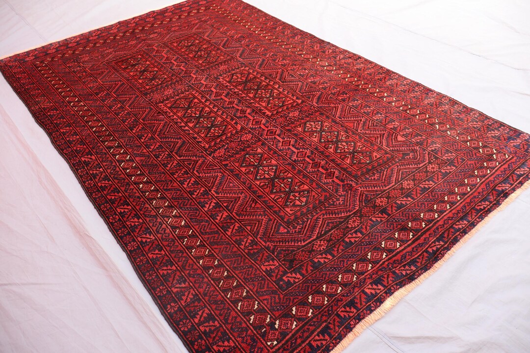 4'9x7'2 Ft Red Vintage Afghan Rug, Turkmen Tribal Yaqoob Khani Design ...