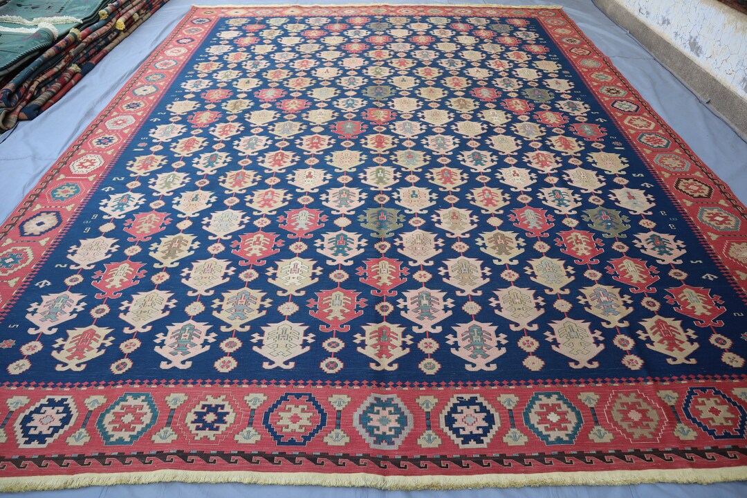12x15 Large Antique Soumak Rug - Navy Blue Caucasian Handmade Wool ...