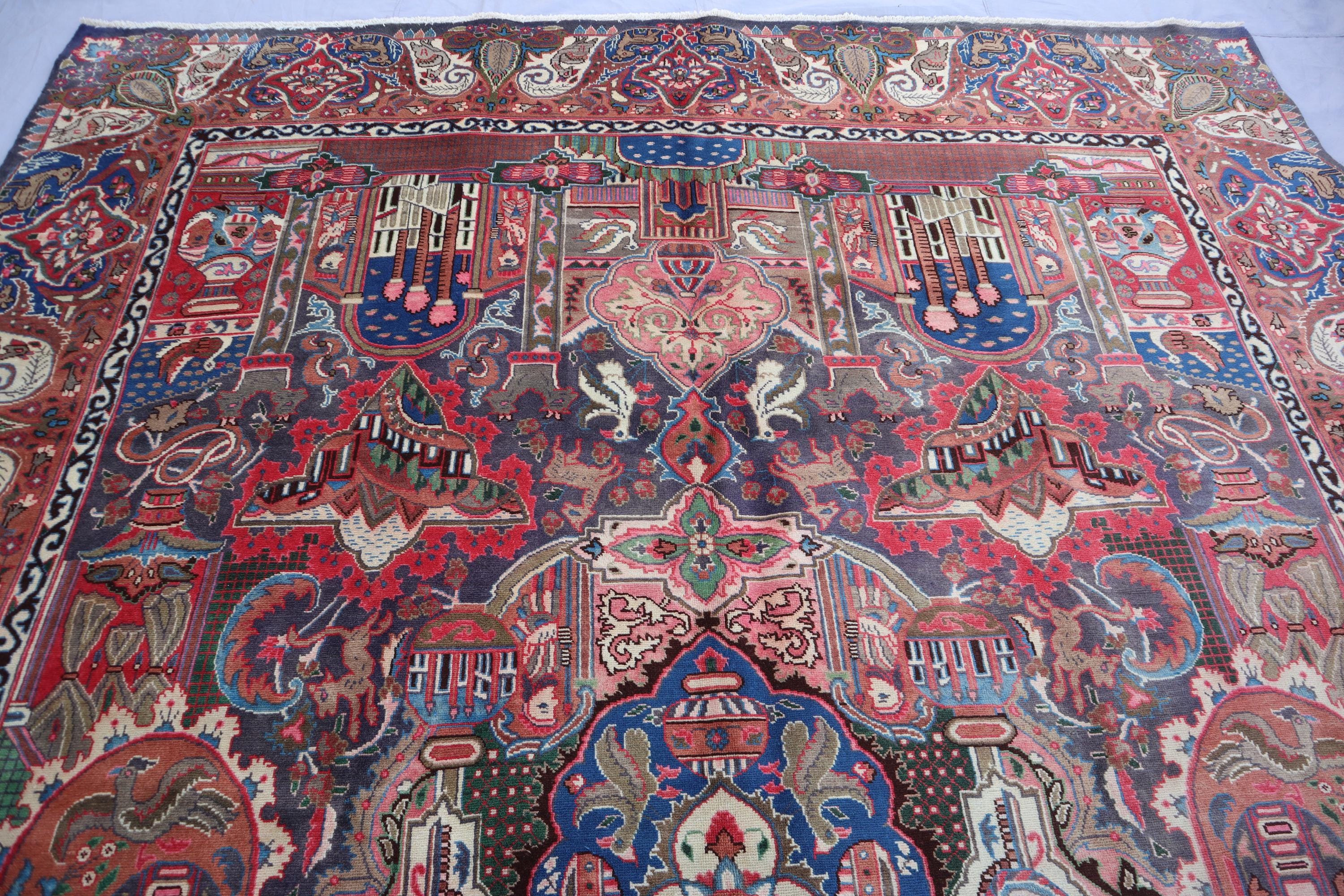 10x13 Vintage Pictorial Area Rug, Handmade High Pile Wool Rug, Antique ...