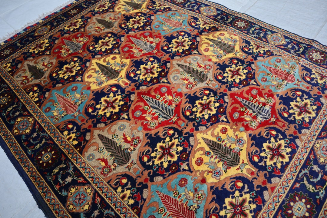 5x7 Tree of Life Rug - Navy Blue Afghan Hand Knotted Wool Rug - Natural ...