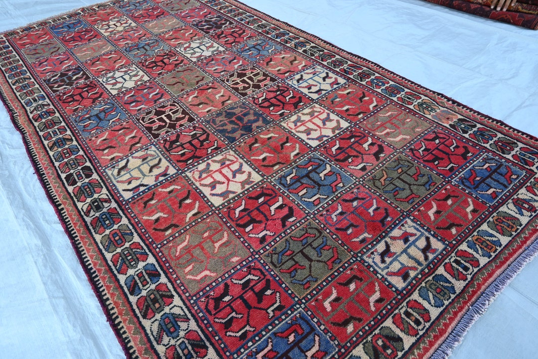 Antique Oriental Bakhtiari Rug, 5x9 Ft Old Vintage Rug, Blue Red ...
