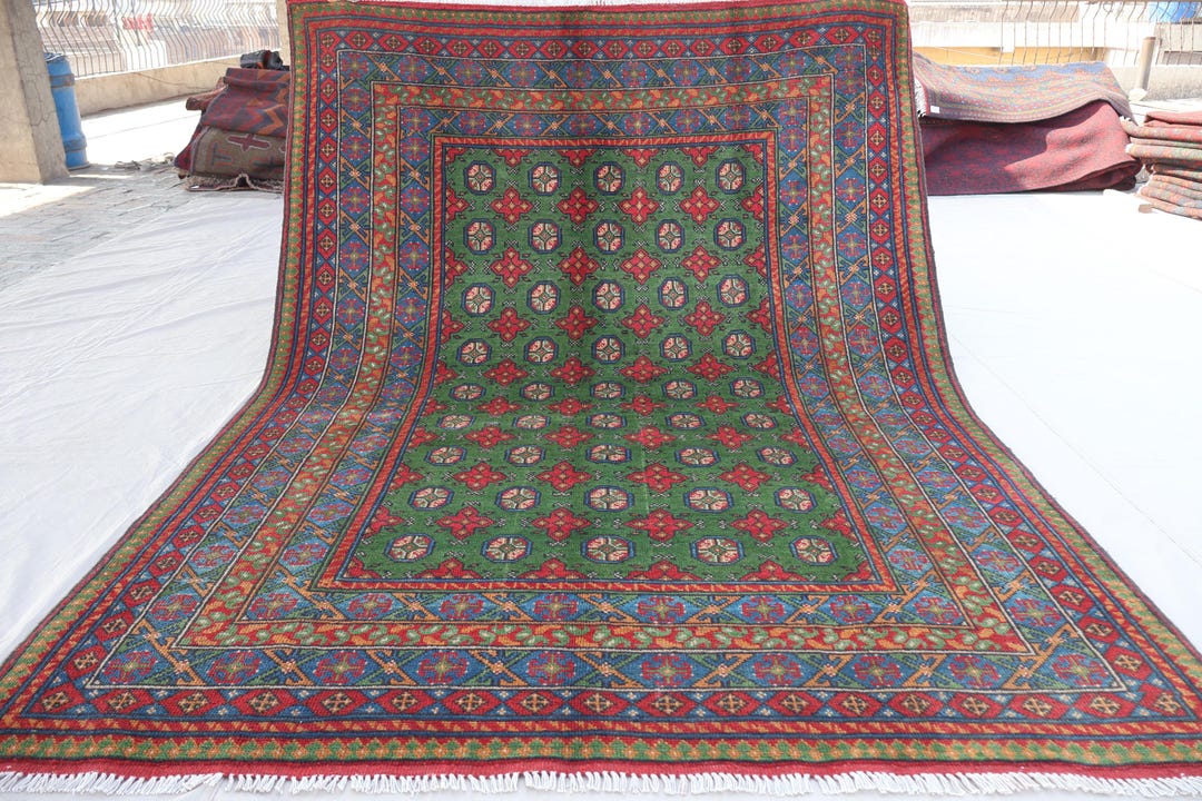 5'8x8 Ft Green Bokhara Rug, Afghan Hand Knotted Veg Dyes Plush Wool Rug ...