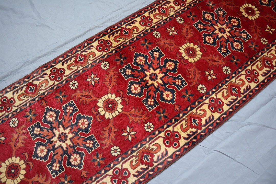 13 Ft Runner Rug Orange Red Geometric Hand Knotted Veg Dyes Wool Runner ...