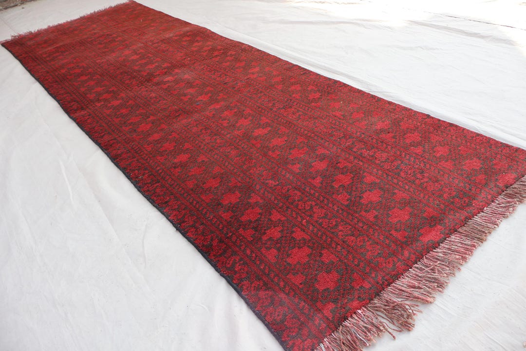 2'8x9 Ft Antique Runner Rug, Red Vintage Bukhara Rug, Afghan Handmade ...