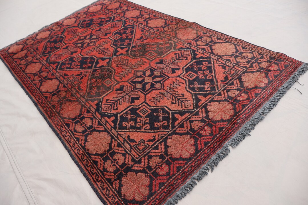 1960s Antique 2'8x4'0 Ft Turkmen Bukhara Rug, Rust Red Afghan Handmade ...