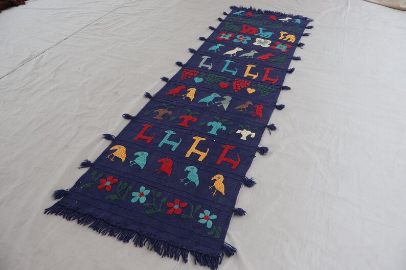 2x8 Ft Pictorial Handmade Uzbek Suzani Kilim, Navy Blue Suzani Hand ...