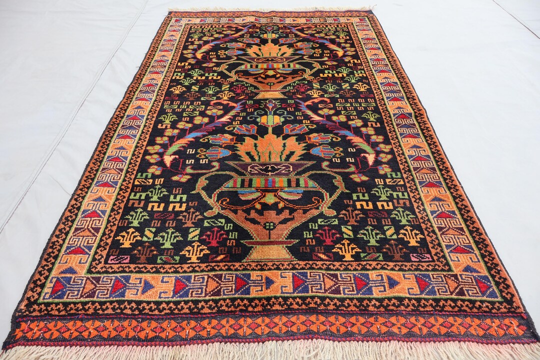 Antique Area Rug 3x5 Black Vintage Afghan Handmade Veg Dyes High Pile ...