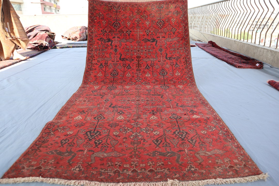 3'4x6'7 Ft Turkmen Antique Pictorial Rug Rust Red Afghan Handmade Wool ...