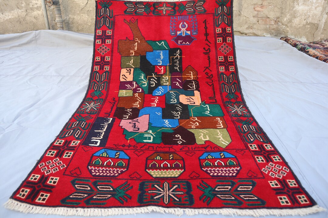 Red 3x4'7 Ft Afghanistan Map Pictorial Rug, Multicolor Handmade Wool ...
